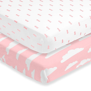 BaeBae Goods Premium Crib Sheets for Baby Girls, 4 Pack, Soft and Breathable Jersey Knit Fitted Sheet Set, Pink and White, Cute Girls Nursery Mattress Bedding, Universal Fit