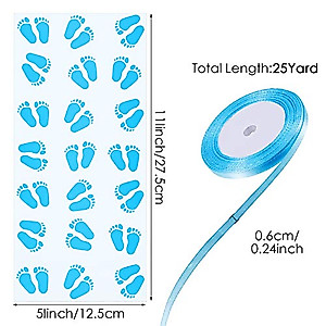 100 Pieces Baby Print Cellophane Treat Bags Baby Footprint Candy Bags Baby Shower Party Favor Bags with Ribbons for Baby Shower Birthday Party Supplies (Blue)