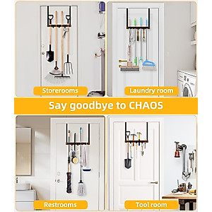 Broom Holder Over The Door - Wood Mop and Broom Holder Wall Mounted or Hanging Over The Door with Hooks - Broom Hanger, Broom Storage Tool Organizer with 4 Racks and 3 Hooks for Garage Closet Laundry