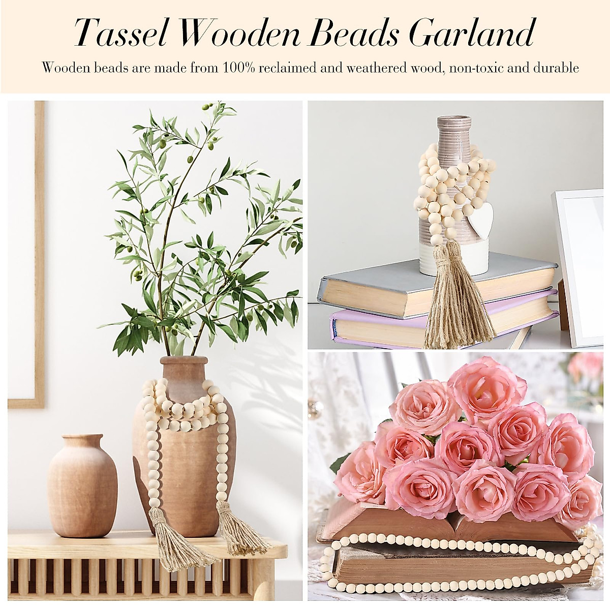 Geetery 6 Pcs Beads 58'' Wood Bead Garland with Tassels Rustic Country Decor Prayer Boho Beads Big Wall Hanging Decor Farmhouse Beads Versatile Prayer Beads for Home Wall Table Decor (White)