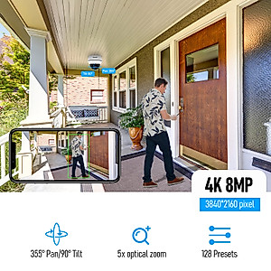 JideTech Outdoor 4K PTZ POE Camera, 8MP IP Dome Camera with 5X Optical Zoom, IR Night Vision Human/Motion Detection, Built in 2-Way Audio, Pan/Tilt, SD Card Slot