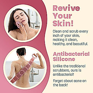 Silicone Back Scrubber for Shower- 32 and 36 Inches Back Body Brush Extra Long for Exfoliating & Massaging Hygienic Back Washer with Handle, Shower Silicone Back Scrubber for Men and Women, Pink.