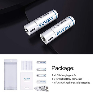 FUVALY USB Rechargeable AA Batteries 1500mAh High Capacity 1.5V Fast Charging Lithium Rechargeable Batteries with 4 in 1 USB Charging Cable can be Charged Either by 5V Charger or USB (4 Pack)