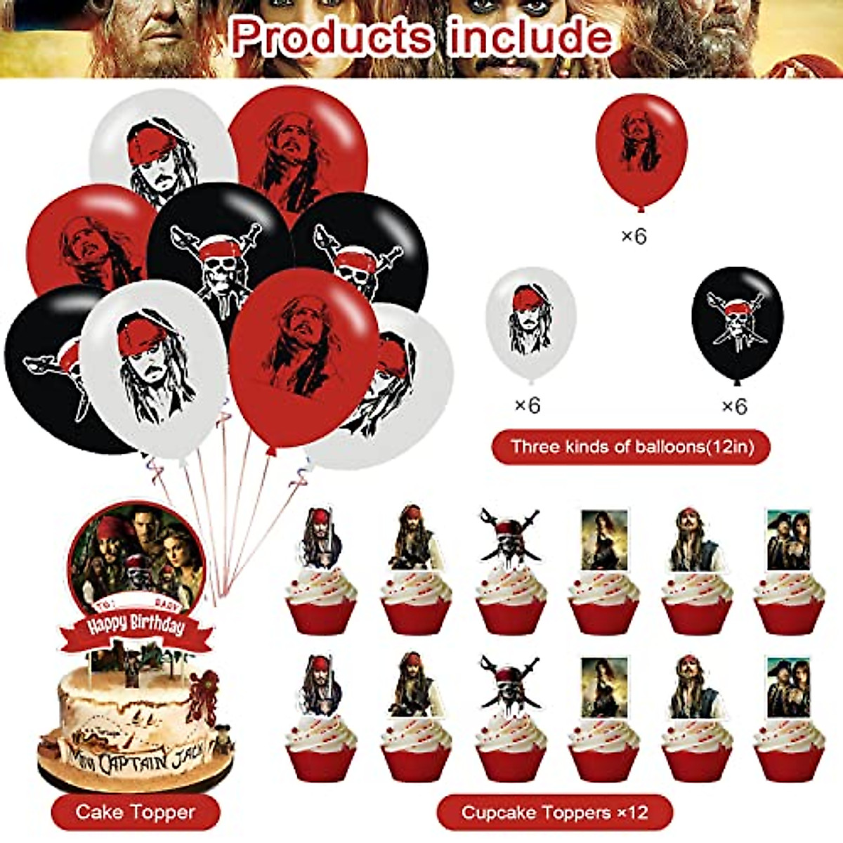 Pirates of the Caribbean Party Decorations,Birthday Party Supplies For Depp Pirate Hat Party Supplies Includes Banner - 12 Cake Toppers - 18 Balloons - 50 Pirates Stickers