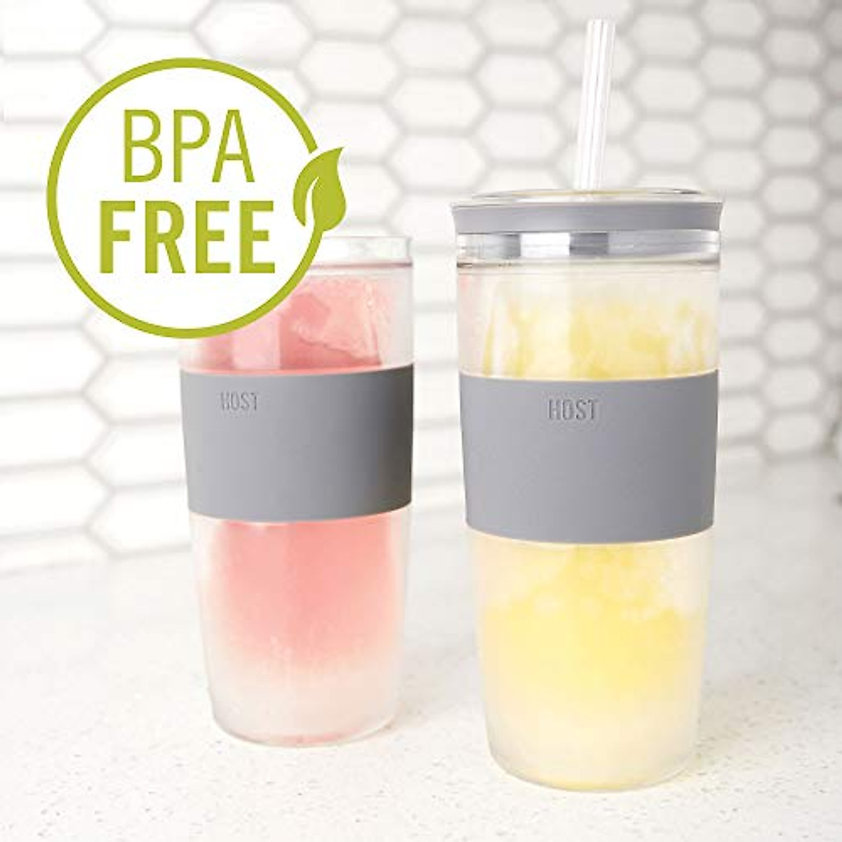 HOST Straw and Lid Plastic Double Wall Insulated Freezable Drink Chilling Tumbler with Freezing Gel Glasses for Red and White Wine, 16 oz, Grey