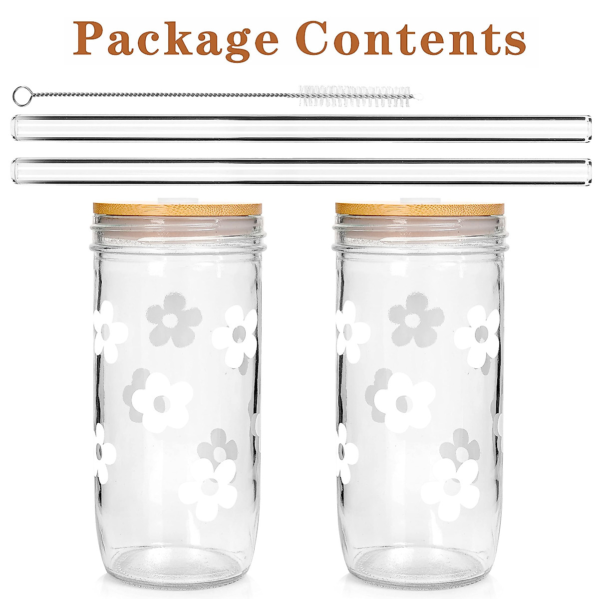 ANOTION Cute Glass Cups with Lids and Straws, Mason Jars with Flower Design, Bamboo Lid, Iced Coffee Cups Tumbler Drinking Glasses Travel Coffee Mug Perfect for Coffee, Smoothies, Boba Tea, and Wine