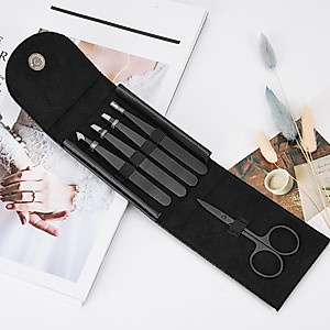 KINGMAS 5 Pcs Eyebrow Tweezers Set, Stainless Steel Brow Tweezer Scissors Set with Travel Case for Brow Facial/Ingrown Hair, Splinter (Black)