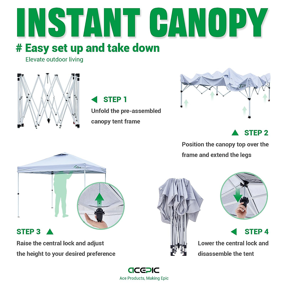 Acepic,10x10 Pop Up Canopy Tent,300D Silver-Coating Top,Pop Up Canopy Tent Instant Portable Shelter with 1-Button Push and Wheel Carry Bag, 8 Stakes and 4 Upgrade Heavy Duty Canopy Weights (White)