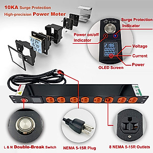 E-link Industrial Surge Protector Power Strip Rack Mount Metered PDU Power Distribution Unit 110-250V 16A, 8 NEMA 5-20R Outlet 19'' 1U Switched PDU with Monitoring OLED Screen Orange