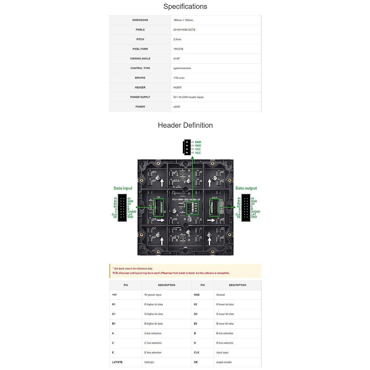 Full-Color RGB LED Matrix Panel for Raspberry Pi 4B+ 4B 3B+ 3B 2B+ Zero W WH Pico ESP32 Ardui 2.5mm Pitch 64×64 Pixels Adjustable Brightness