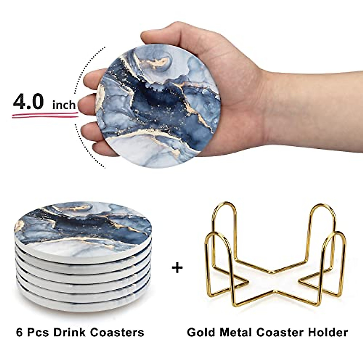 6 Pcs Abstract Blue Marble Ceramic Coasters with Holder Best Absorbent Drink Coasters Round Ceramic Table Coasters Set Decorative Coffee Cup Beverage Coasters Wine Beer Bar Coasters