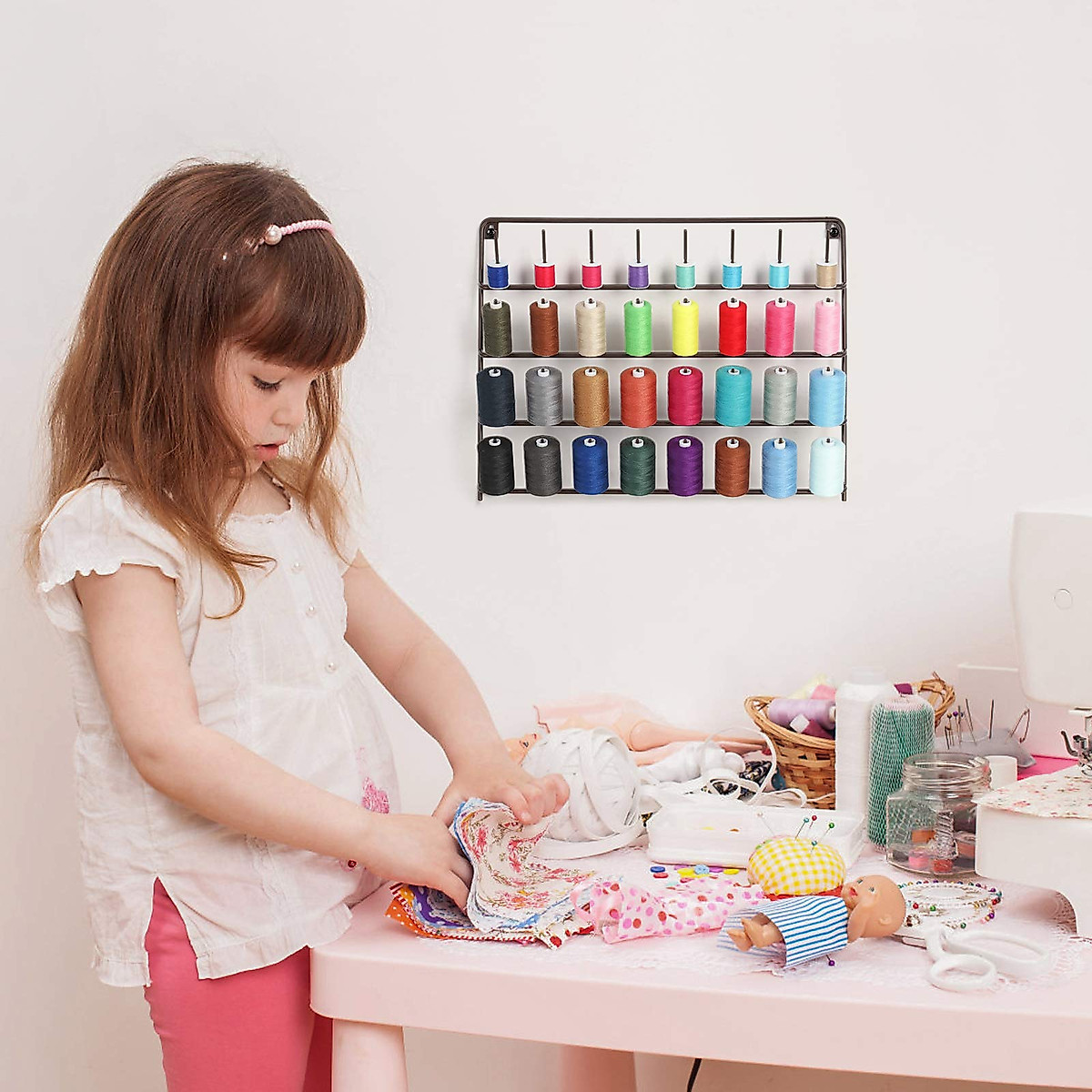 HAITARL 4 Set of Sewing Thread Organizer,Wall-Mounted Metal Thread Rack,32-Spool Thread Holder with Hanging Hooks for Organizing Threads,Brown