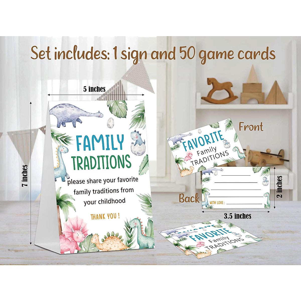 Baby Shower Games Family Traditions Sign, 1 Standing Sign and 50 Cards, Green Leaf Dinosaur Gender Neutral Decoration, Gender Reveal Party, Bridal Shower Favor Supplies-LT54