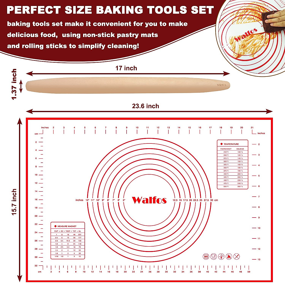 WALFOS French Rolling Pin and Silicone Baking Mat Set, Non-Stick Beech Wood Rolling Pin 17 Inch and Pastry Mat for Best Pie Crust, Cookie, Pasta and Pizza Dough