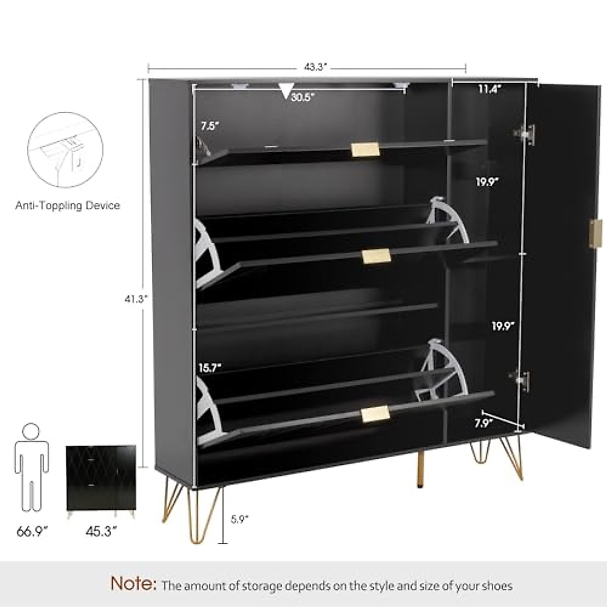 UEV Shoes Storage Cabinet with 3 Flip Drawers & Boot Rack,Freestanding Modern Shoes Organizer with Metal Legs, Black Entryway Shoe Rack Cabinet for Heels,Slippers