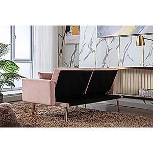iDFURLF Mid Century Modern Velvet Fabric Couch Convertible Futon Sofa Bed Recliner Couch Accent Sofa Loveseat Sofa with Gold Metal Feet (59 Pink)