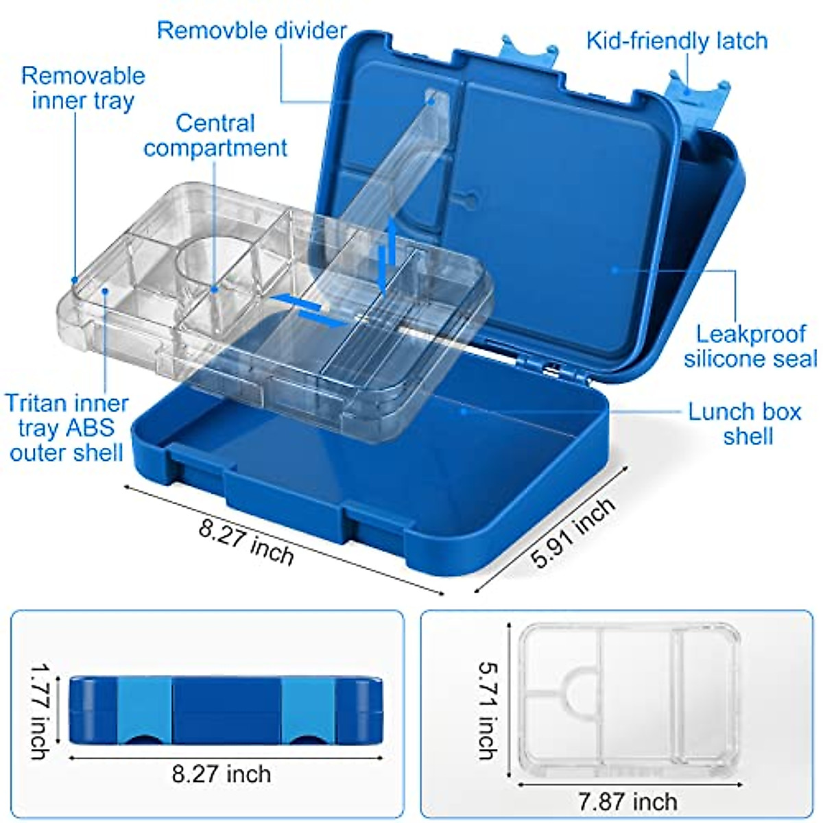 AOHEA Bento Lunch Box for Kids: BPA Free Kids Bento Box Toddler Lunch Box for Daycare or School (Blue)