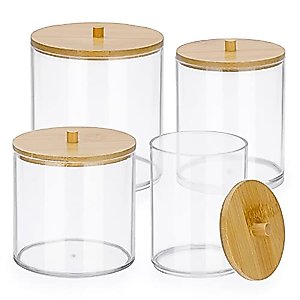 Hipiwe 4 Pack Acrylic Qtip Holder Dispenser with Lid Clear Plastic Apothecary Jar Set Large Bathroom Canister Storage Organizer for Cotton Swab and Ball, Cotton Round Pads, Floss (30+18+16+8 Oz)