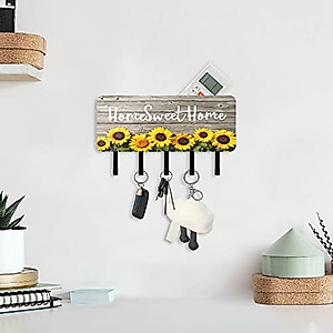 Sunflowers on Wooden Key Holder for Wall Key Hanger with 5 Key Hooks Key Rack Organizer Key and Mail Holder for Wall Decorative Entryway Hallway Mudroom Kitchen Home Apartment Sweet Home