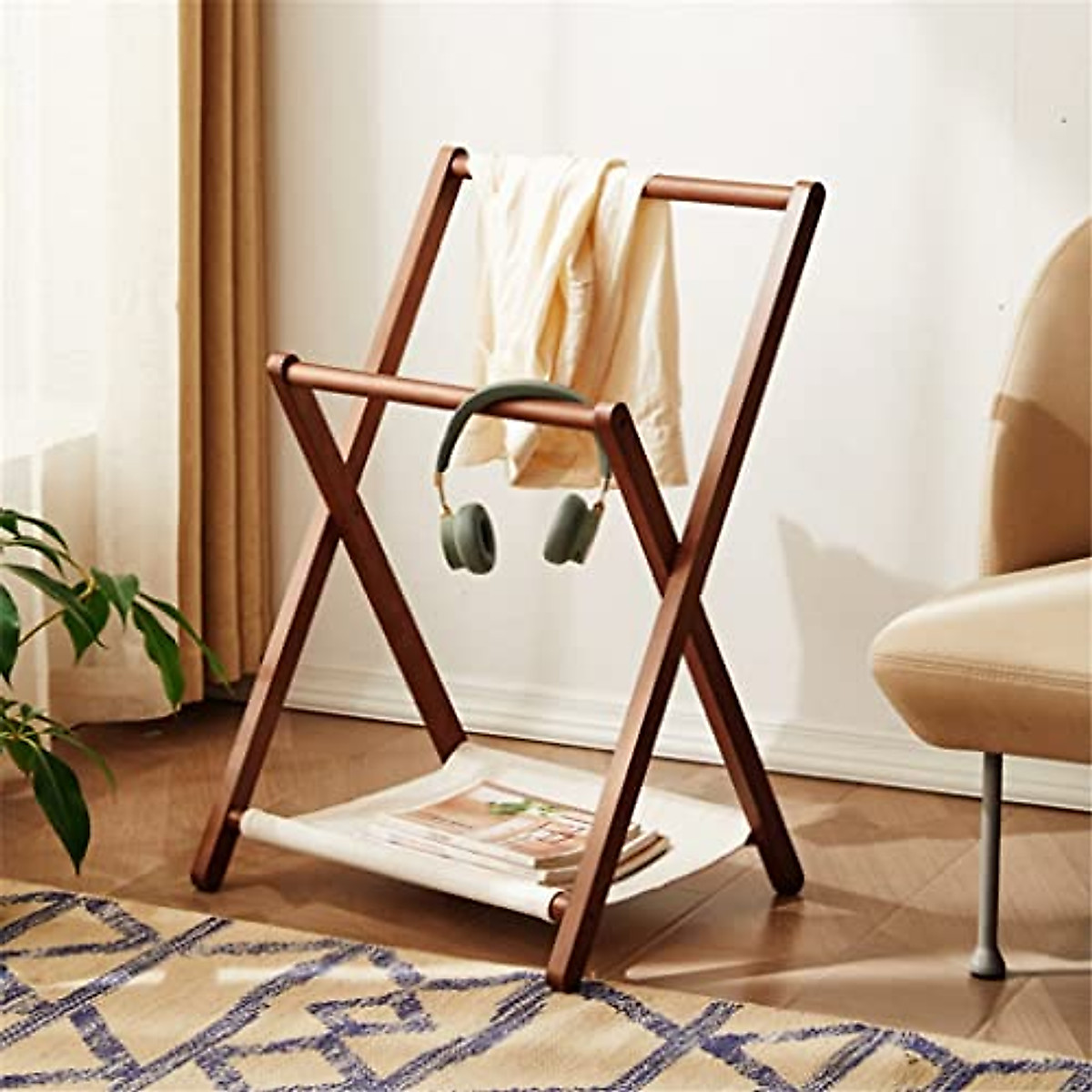 LIRUXUN Solid Wood Floor Clothes Rack Storage Rack Japanese-Style Multifunctional Household Indoor Bedside Folding Clothes Hanger