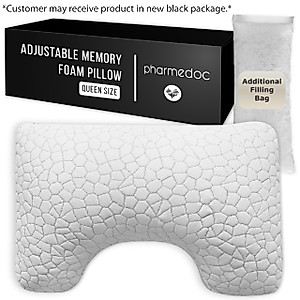 Pharmedoc Adjustable Shredded Memory Foam Curved Pillow - Side Sleeper Pillow - Deep Center - Neck Pillow for Pain Relief - Queen Bed Pillow 1 Pack