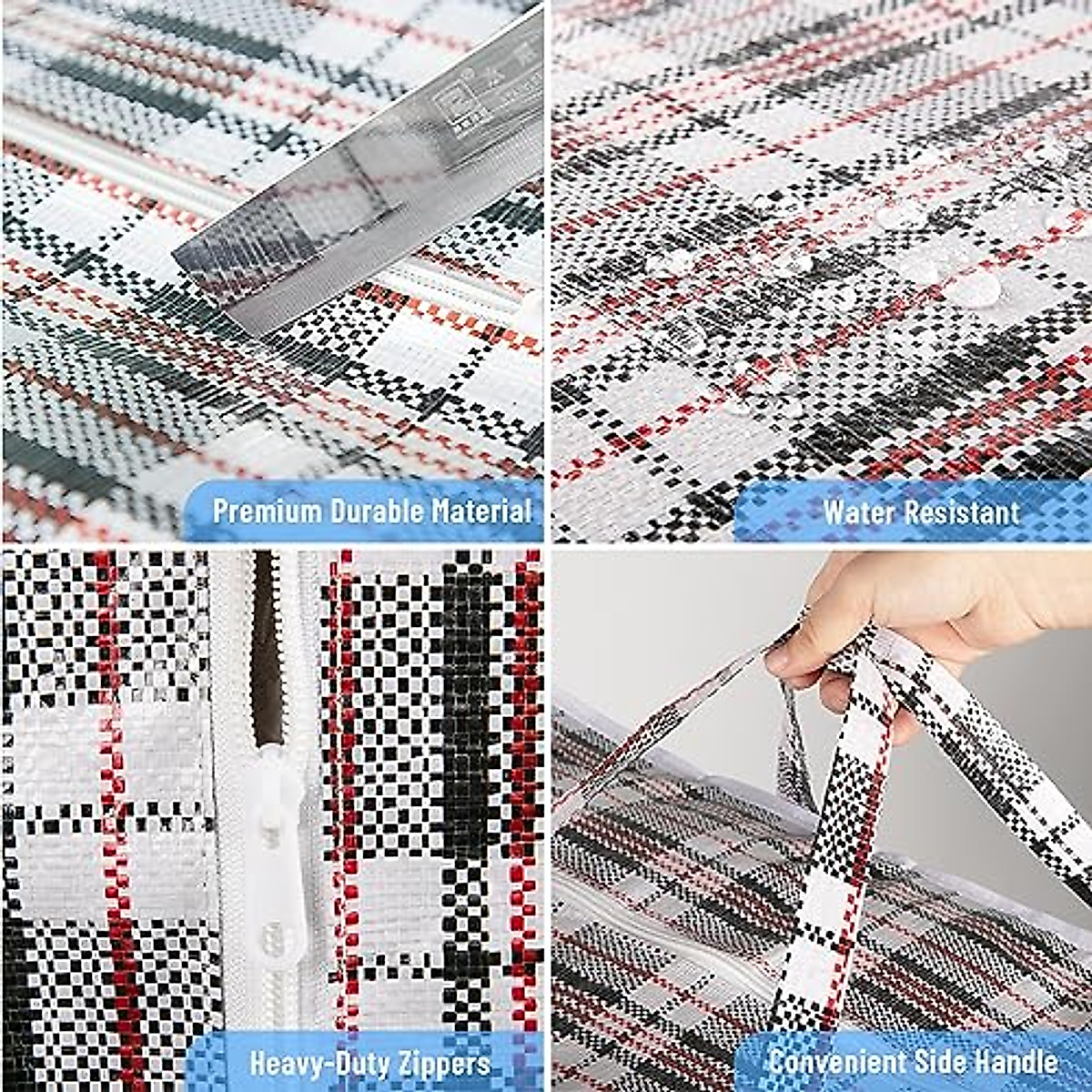 4 Pack Extra Large Durable Storage Tote Bag for Clothes with Strong Handle and Zipper, Sturdy and Water Resistant, Alternative to Moving Boxes, Packing Supplies, Checkered Moving and Organizer Bag