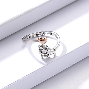 Mom Daughter Elephant Ring 925 Sterling Silver Adjustable Love Heart Finger Rings Pendant for Women Wife Mom Nana Daughter Jewelry Gift (Rose gold heart, Size 6-9)