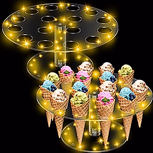 2 Pack LED Ice Cream Cone Holder with Lights 16 Holes Acrylic Ice Cream Cone Display Stand Waffle Cupcake Sugar Cone Cotton Candy Cones Display Rack for Birthday Weddings Parties Anniversaries