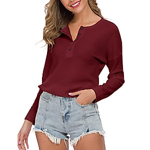WNEEDU Women's Waffle Knit Tunic Tops Loose Long Sleeve Button Up V Neck Henley Shirts,Jujube Red XL