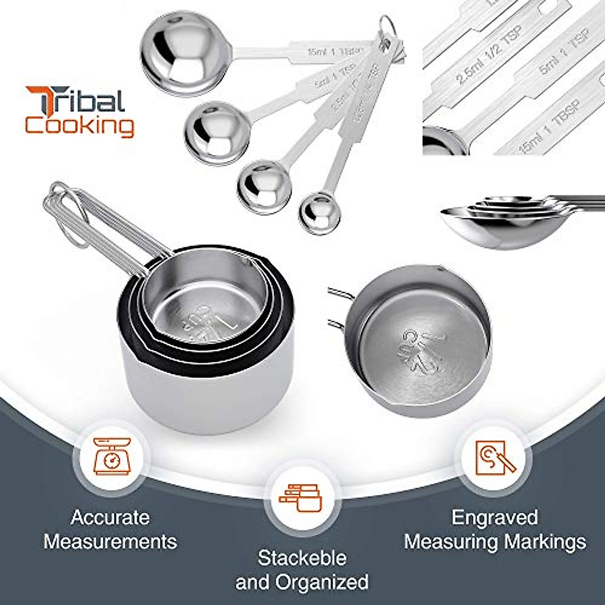 Tribal Cooking Metal Measuring Cups and Spoons Set - 8 Pieces - Professional Stainless Steel - Measuring Spoons Set - Measure Dry or Liquid Ingredients - Measuring Cups Sets for Baking and Cooking