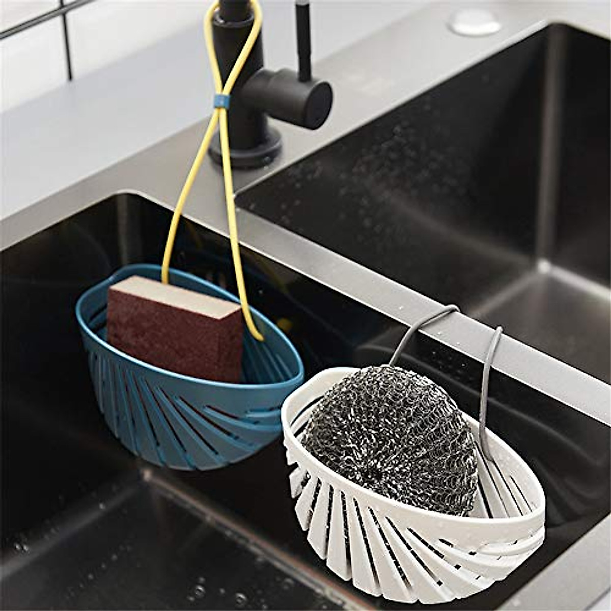 SDUSEIO Kitchen Sink Shelf Soap Sponge Drain Rack Holder Hanging Basket Storage Kitchen Organizer Sink Accessories Sink Caddy for Kitchen Bathroom, (Blue）