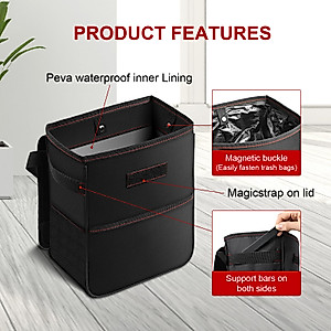 Simple Deluxe Car Trash Can with Lid and Storage Pockets, Leak-Proof Car Garbage Can with Adjustable Straps, Waterproof, Portable and Collapsible Trash Bag for Car, 2 Gallon, Black