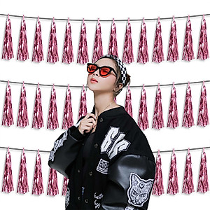 3P Metallic Fringe Tassel Banner Garland Foil Tinsel Streamer Wall Hanging Curtain Backdrop Banner for Parade Floats, Graduation Decorations, Wedding Party Decoration(Pink)