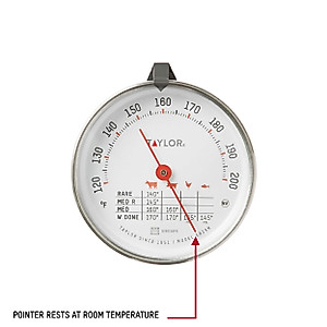 Taylor Leave-in Meat Oven Safe Compact Analog Dial Meat Food Grill BBQ Kitchen Cooking Thermometer, 3 inch dial, Stainless Steel