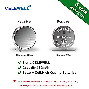 CELEWELL CR1632 5 Pack CR 1632 Battery Lithium 3v for Garmin Vivofit Jr Key Fob Replacement 【5-Year Warranty】