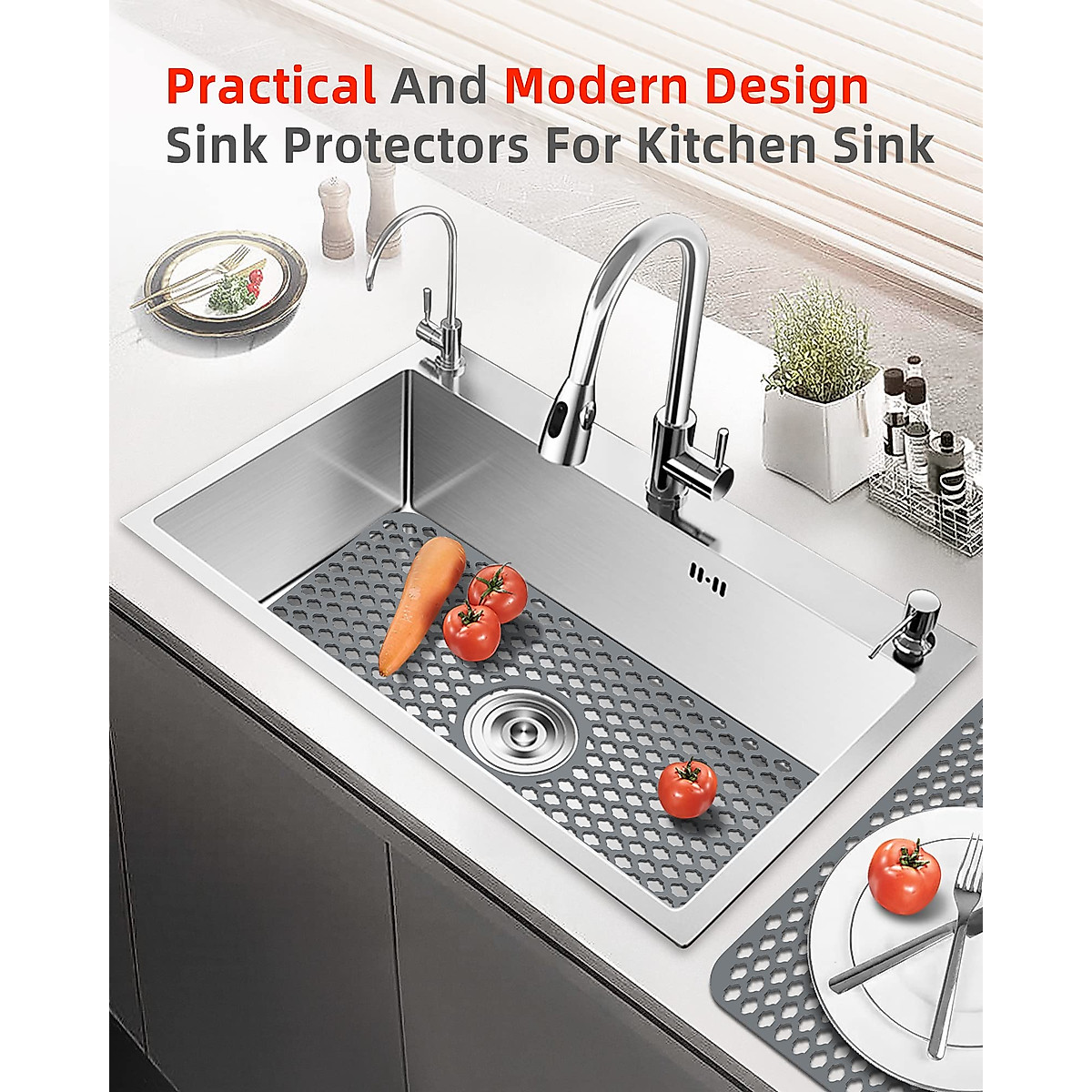 Makaduo Sink Protectors for Kitchen Sink, Silicone Kitchen Sink Accessories, Sink Mats for Stainless Steel Sink, Porcelain Sink, Large Folding Dish Drying Mat, Heat Resistant, Non-Slip, Grey