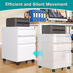 3 Drawer File Cabinet with Lock,Under Desk File Cabinet with Wheels,White Rolling File Cabinet,Three Drawer Metal Filing Cabinet for Home Office,Fit A4/Letter/Legal File,Fully Assembled Except Casters