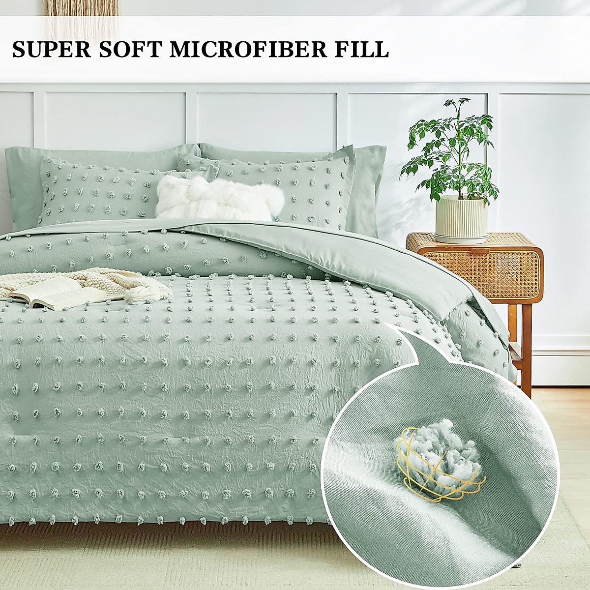 6 Pieces Tufted Dots Bed in a Bag Twin Comforter Set with Sheets Green , Soft and Embroidery Shabby Chic Boho Bohemian Comforters, Solid Color with Pom Pom Design, Jacquard Tufts Bedding Set for Kids