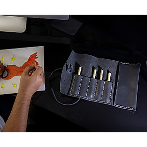 Alta Andina Leather Pen & Pencil Case | Vegetable Tanned Leather Roll Up | 5 Slots & Pouch for Pens, Brushes | Art, Stationary, & Makeup Organizer (Black – Noche)