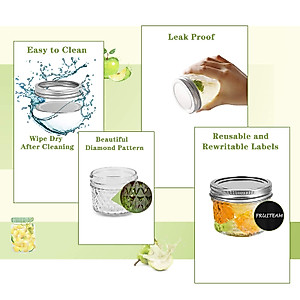 FRUITEAM 4 oz 12 PACK Mini Mason Jars with Lids and Bands, Quilted Crystal Jars Ideal for Food Storage, Jam, Body Butters, Jelly, Wedding Favors, Baby Foods