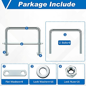 Hotop 8 Set Square U Bolts Carbon Steel with Nuts, Frame Plate, Round Washers for Sailboat Trailers, Tube, Industrial Supplies (82 x 75 mm)