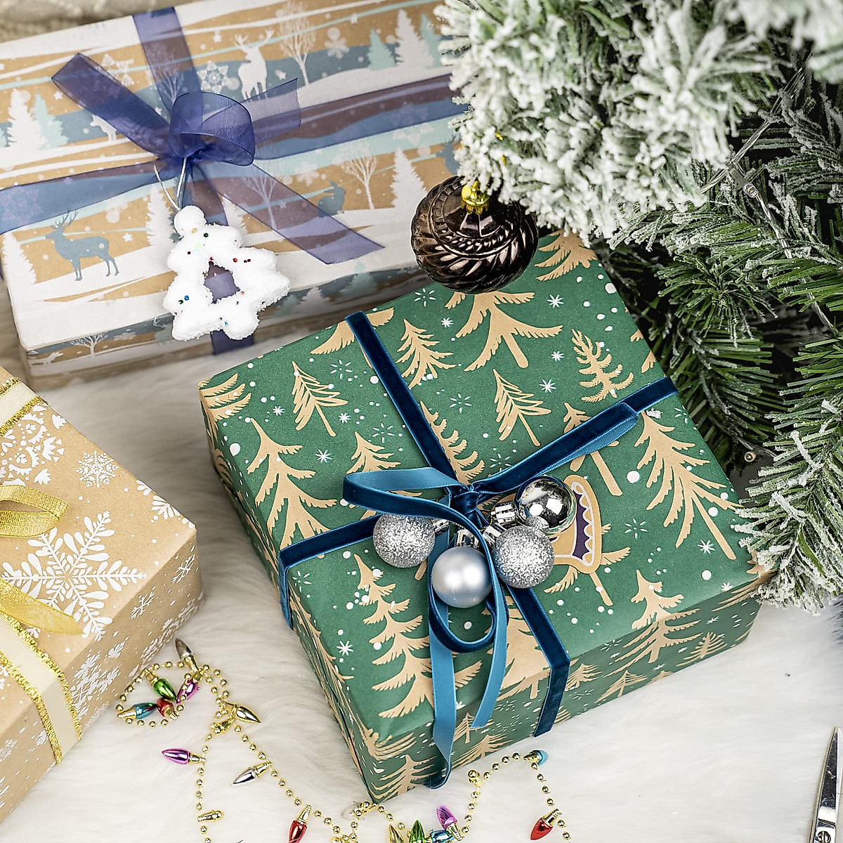 RUSPEPA Christmas Wrapping Paper Rolls with Tags and Jute String - 17 inches x 10 feet per Roll, Total of 3 Rolls