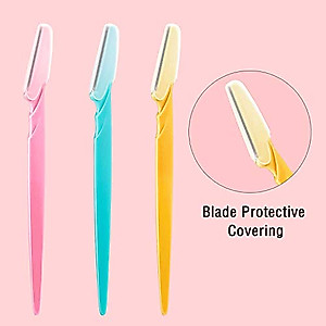 Boao 60 Pieces Eyebrow Razor Eyebrow Razors Shaver Microblades for Women Face Hair Dermaplaning Tool Shaper Trimmer with Precision Cover Skincare Party Favors (Pink, Blue, Yellow)