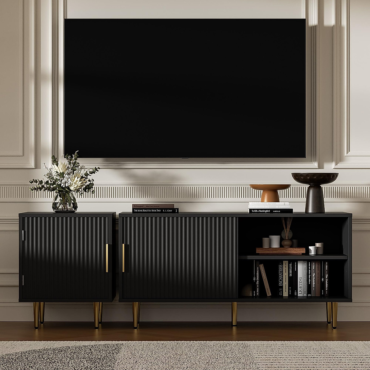 Housoul Combined Modern TV Stand for 55/60/65 inch TV, Small Entertainment Center with Adjustable Shelf, TV Media Stand with Storage Cabinet, TV Console with Gold Legs for Living Room, Bedroom, Black