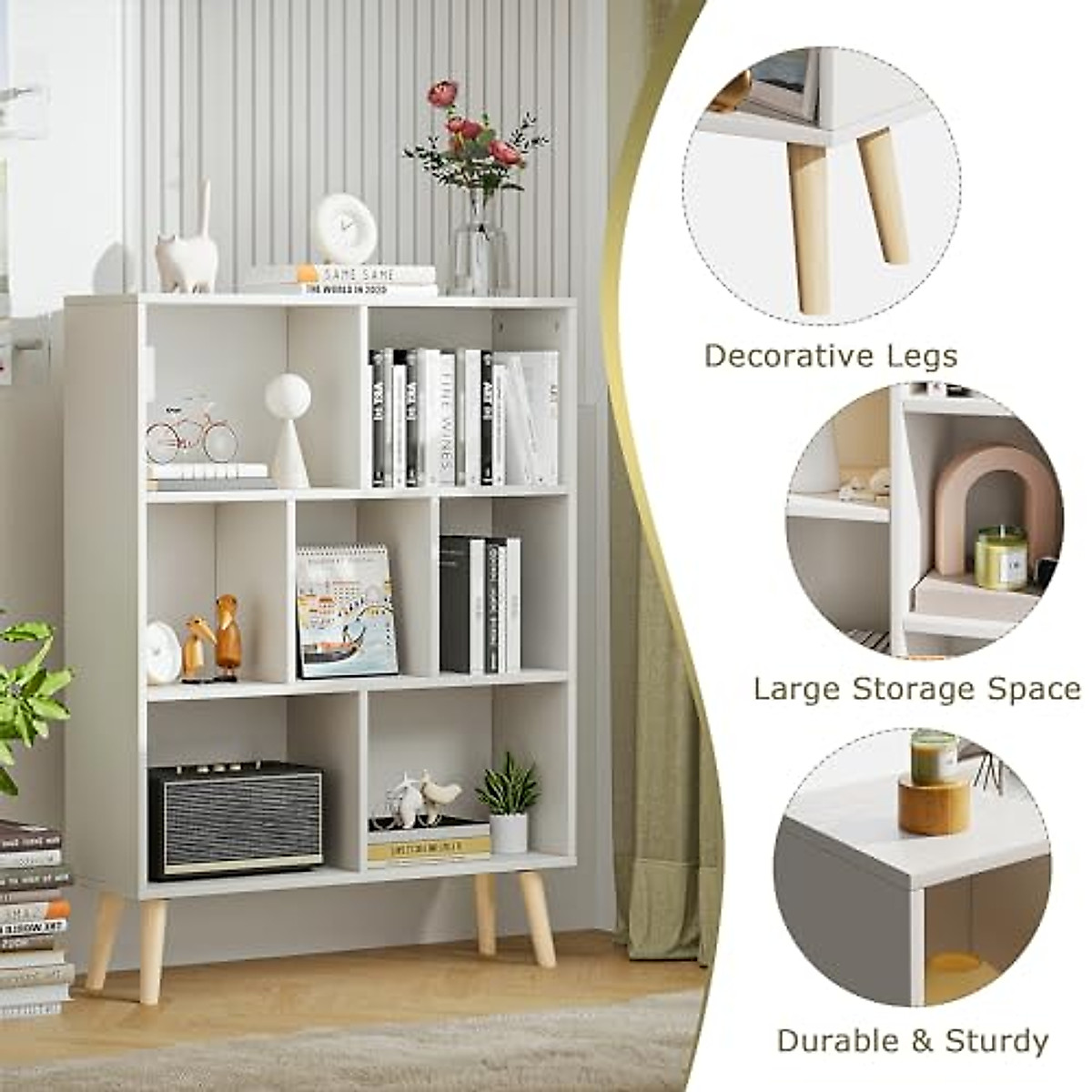 DIFY Wooden Bookcase 7 Cube Open Bookcase with Legs, Display Bookshelves Storage Organizer Shelf for Living Room, Home Office and Bedroom, White