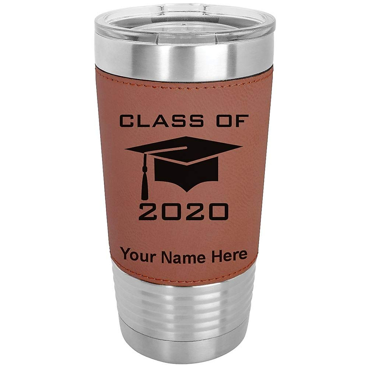 LaserGram 20oz Vacuum Insulated Tumbler Mug, Grad Cap Class of 2023, 2024, 2025, 2026, 2027, Personalized Engraving Included (Faux Leather, Dark Brown)