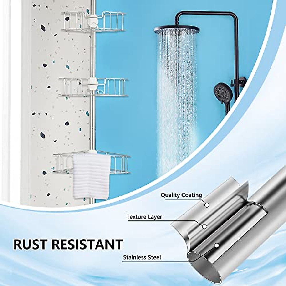 HOME COMPOSER Shower Organizer Corner - Extra Thick Rustproof Bathtub Caddy Shower Racks for Inside Shower - Adjustable Shower Shelf for Bathroom and Bathtub - 4 Tier Shelves, 40 to 120 Inch