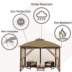 Hugline 5x8 Outdoor Grill Shelter Canopy Top L-GG001PST-F (Brown)+ Mosquito Netting 10' x 10' Outdoor Mesh Netting Screen 4-Panel Sidewall Curtain with Zipper (Khaki)