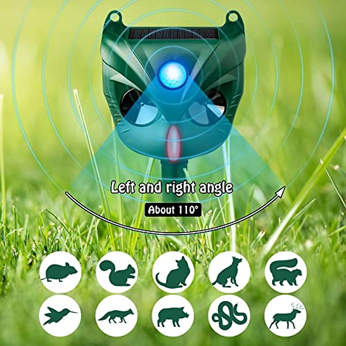 2 Pcs Solar Ultrasonic Animal Repeller with Motion Sensor and LED Flashing Light Squirrel Repellent 110 Degree Cat Deterrent Outdoor Animal Motion Detection for Dog Deer Fox Bird Garden Farm