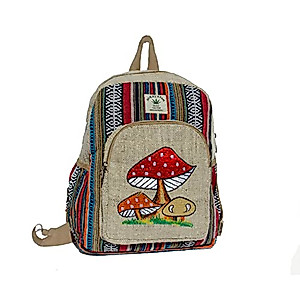 Handmade Marijuana Backpack Red Mushroom Psychedelics Shroom Backpack | Made in Nepal Travel Backpack with Water Bottle Pockets | Hemp Cotton Backpack - Small Mini Backpack